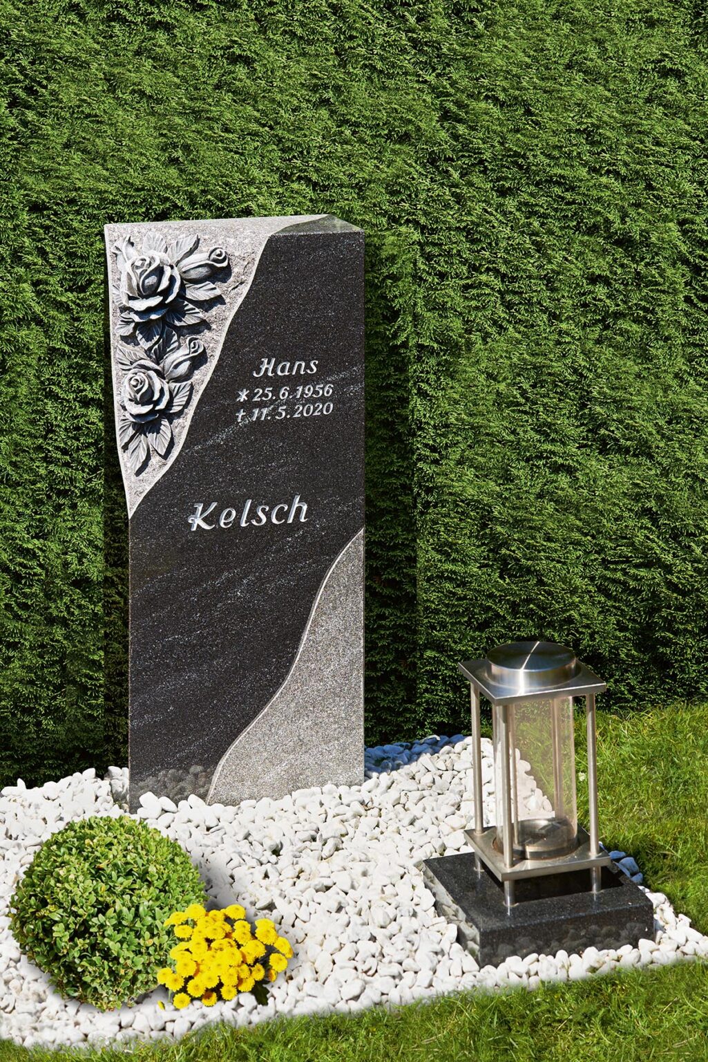 Grabstein, Ornament Rose, Schrift vertieft, Kies, Pflegeleicht ...